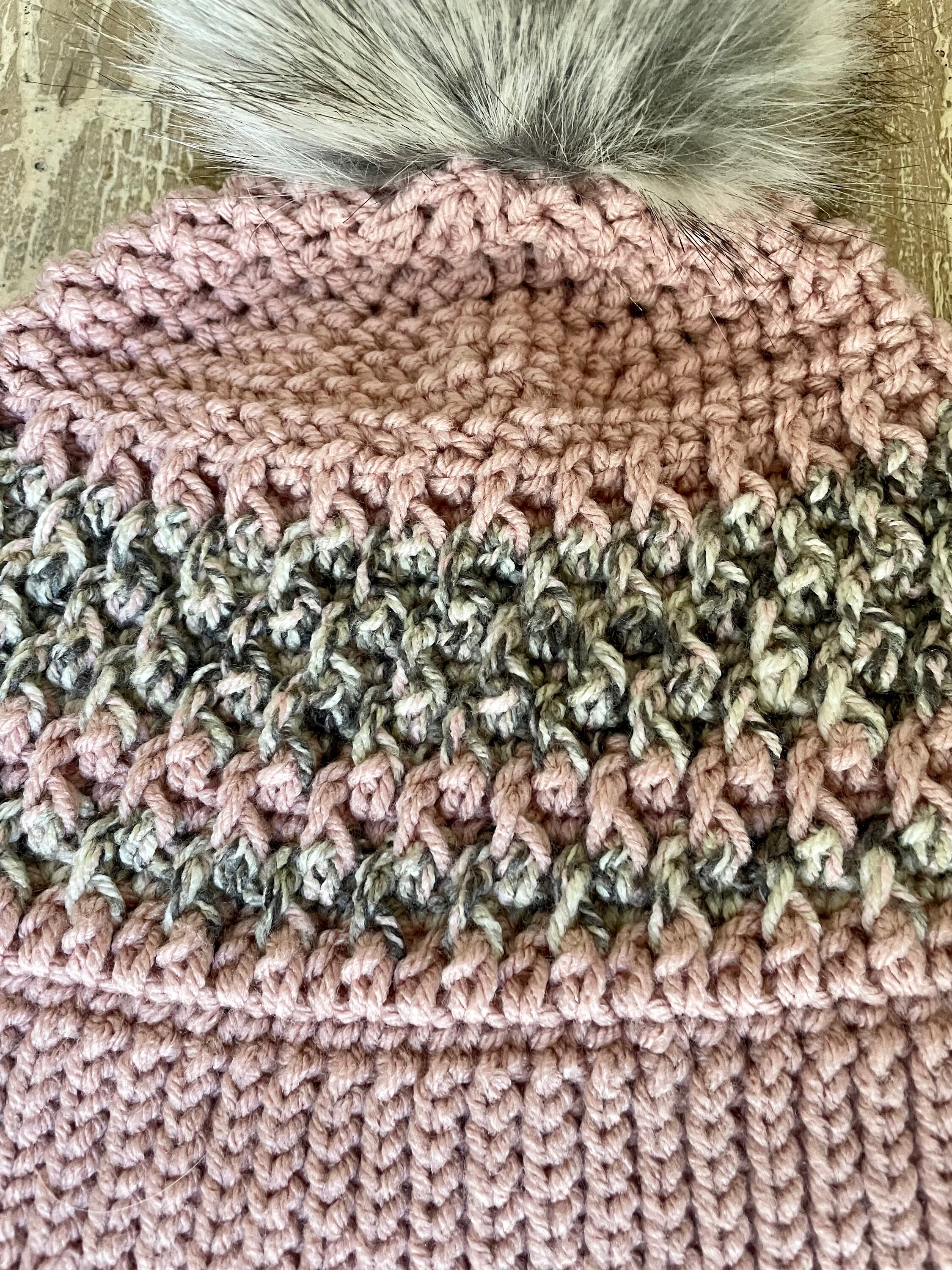 Pink and Variegated Gray/pink/white Crochet Alpine Beanie With Faux Fur ...