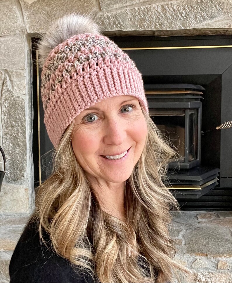 Pink and Variegated Gray/pink/white Crochet Alpine Beanie With Faux Fur ...