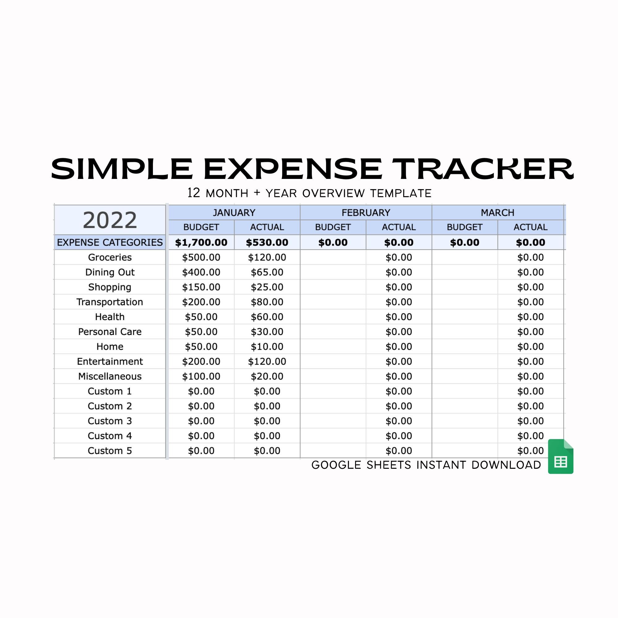 Simple Monthly Expense Tracker Spreadsheet Template, Personal Finance ...