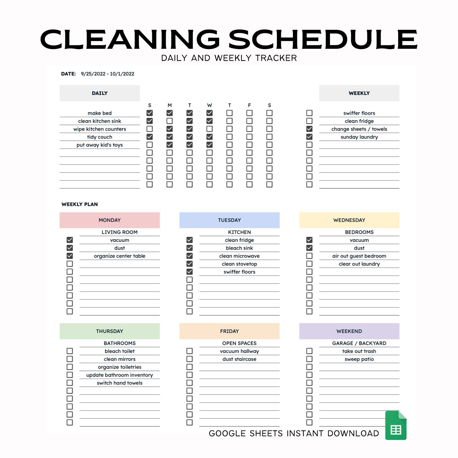 Printable Google Sheets Cleaning Schedule Planner Spreadsheet Template ...