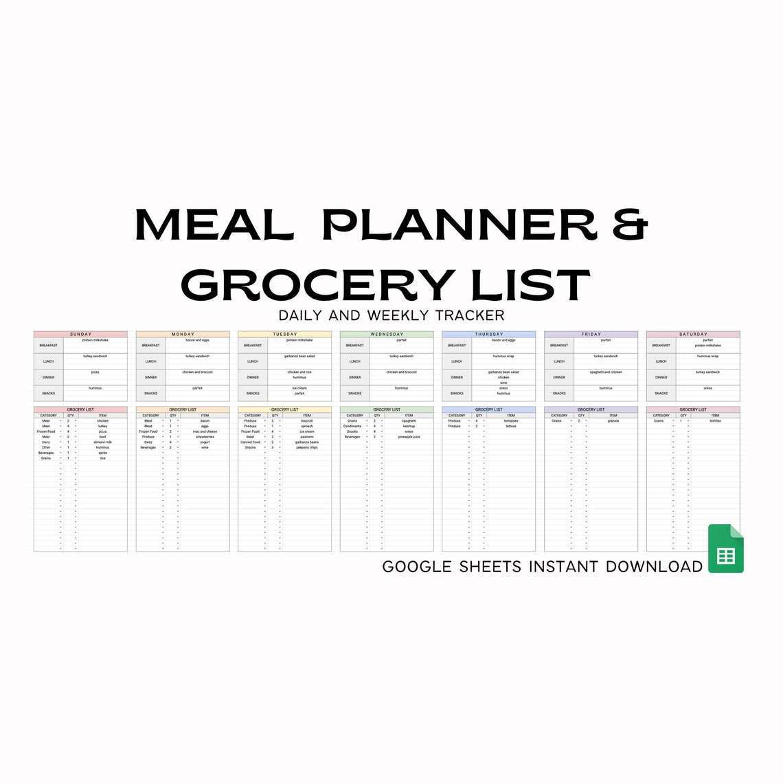 Google Sheets Meal Planner and Grocery List Spreadsheet Template ...