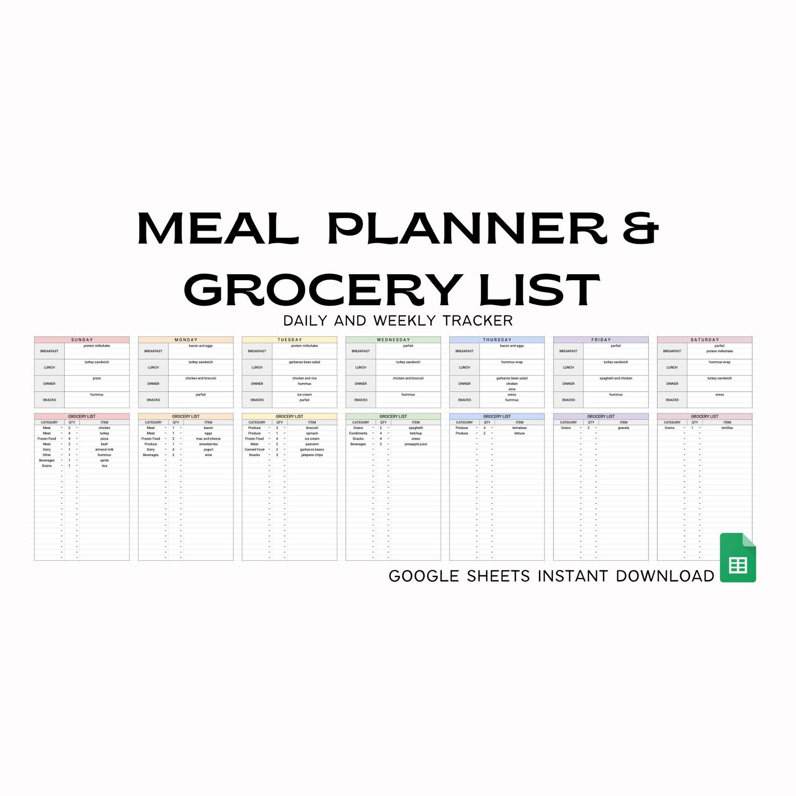 Google Sheets Meal Planner and Grocery List Spreadsheet Template ...