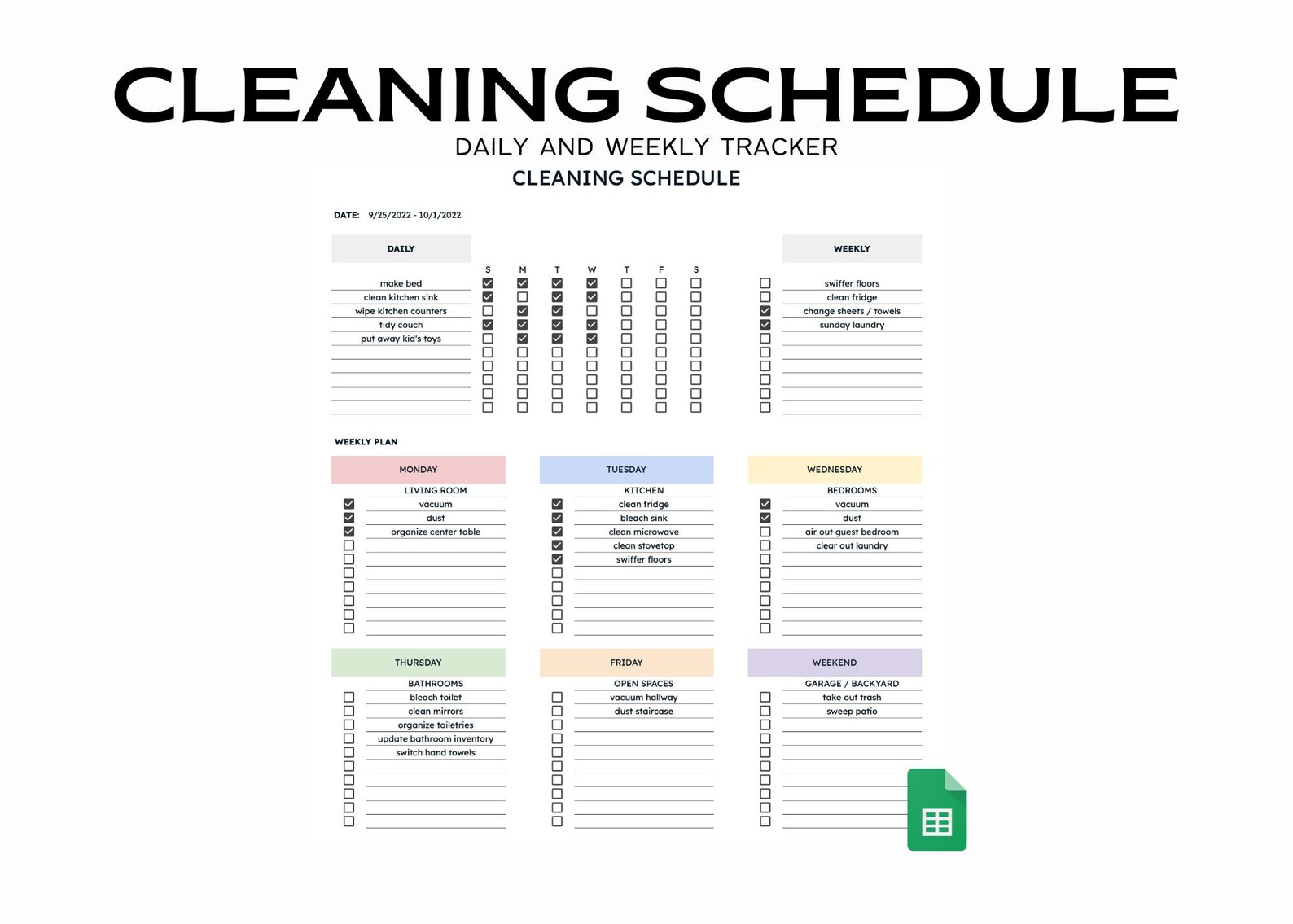 Printable Google Sheets Cleaning Schedule Planner Spreadsheet - Etsy