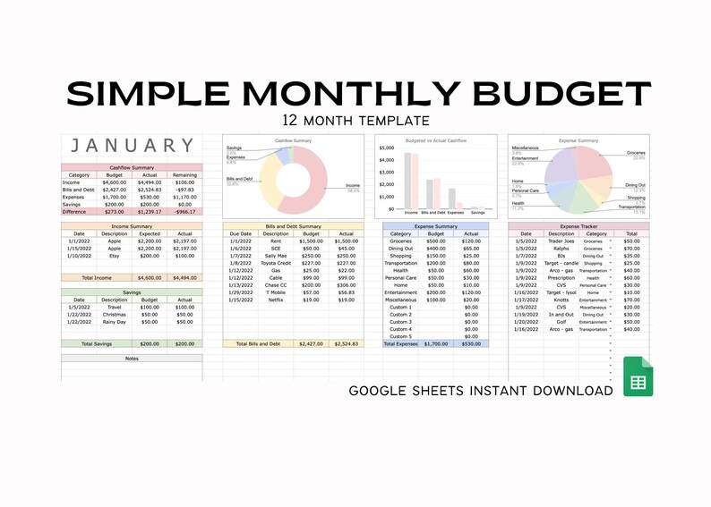 Simple Monthly Budget Spreadsheet Template Personal Finance - Etsy