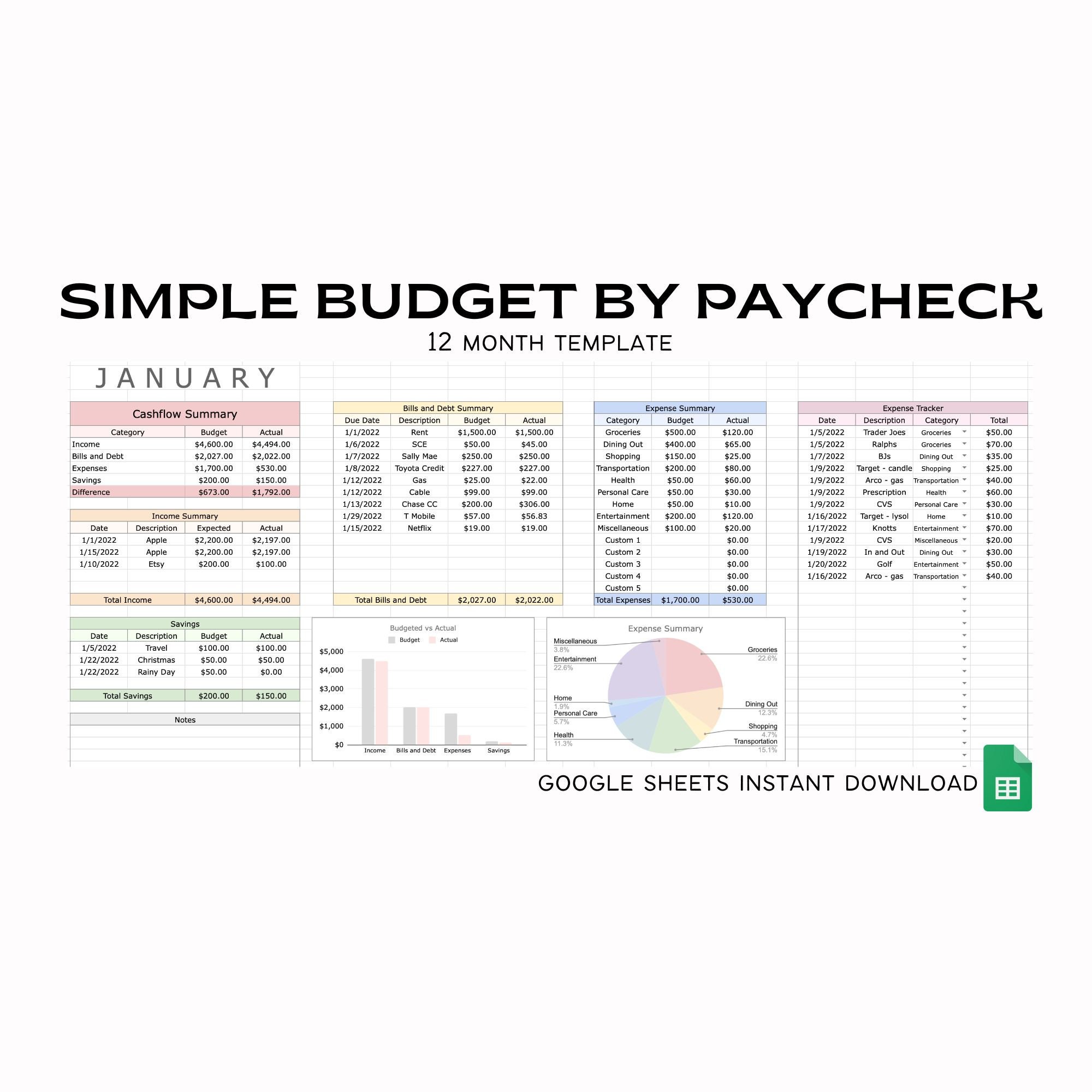 2026 Simple Budget by Paycheck Monthly Budget Spreadsheet Template ...