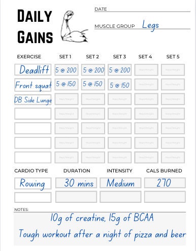 Daily Workout Log, Fitness Tracker, Printable PDF, Exercise Journal ...