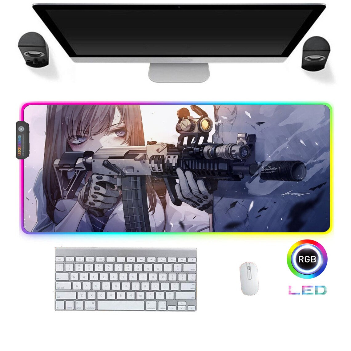 XXL RGB Gaming Mousepad Big Led Anime Girl With Gun Manga Kawaii