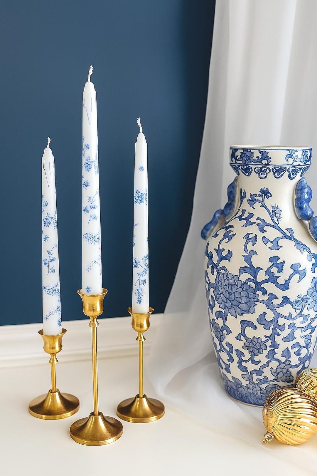 Chinoiserie Toile Taper Candles: White and Blue Unscented Wax - Set of ...