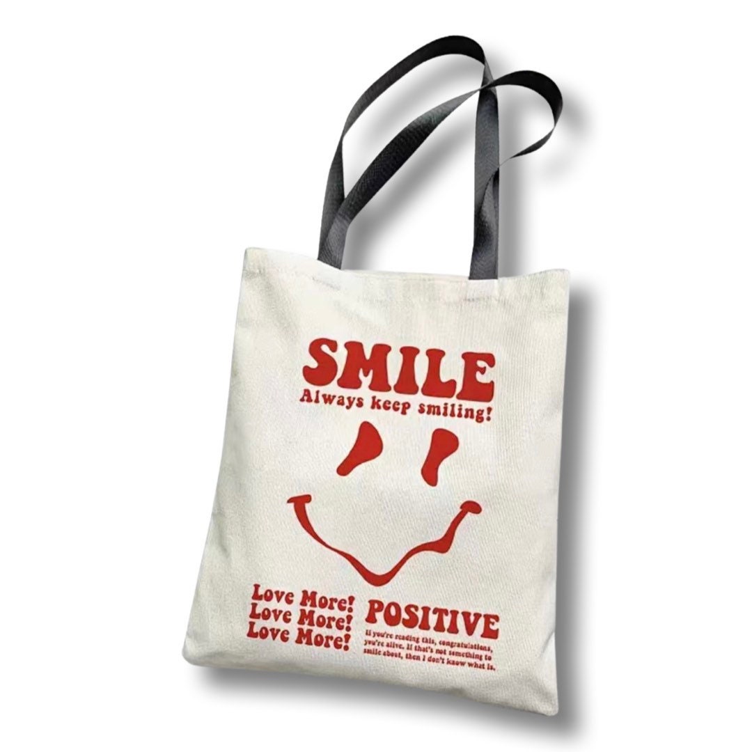 Canvas Bags, Smiley Face Tote Bag, Reusable Tote, Eco-friendly Canvas ...