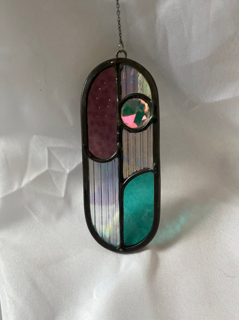 Art Deco Pill Shaped Stained Glass Suncatcher With Dichroic Gem, Purple ...