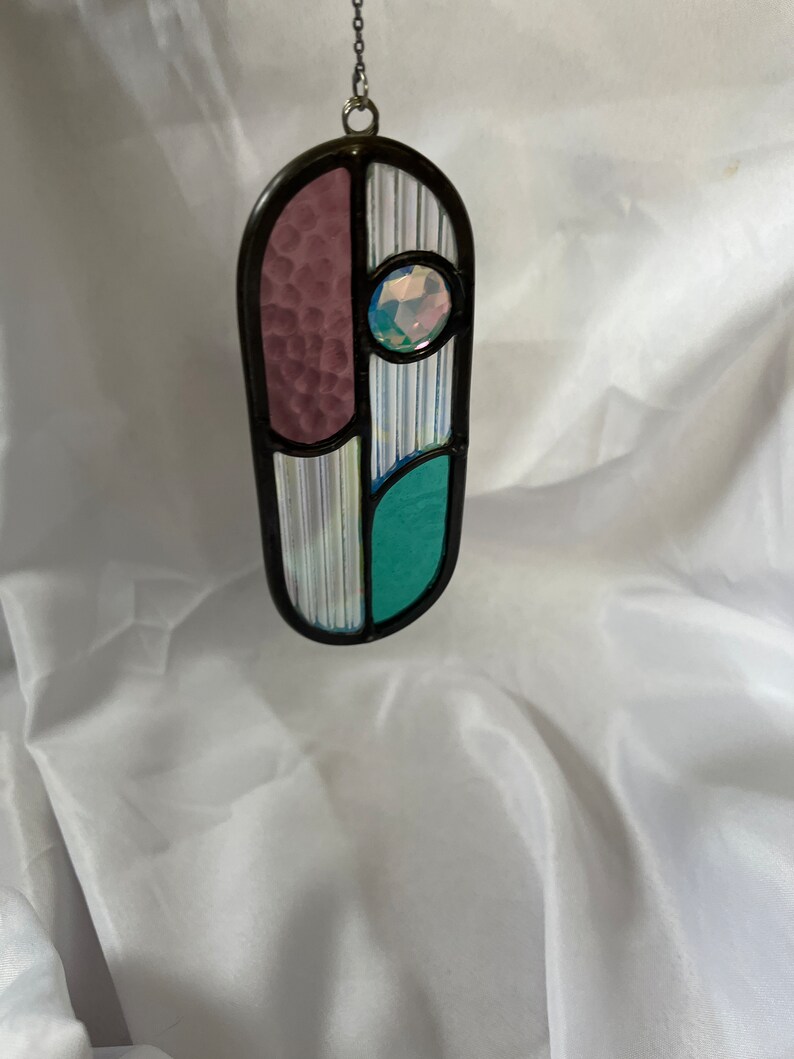 Art Deco Pill Shaped Stained Glass Suncatcher With Dichroic Gem, Purple ...