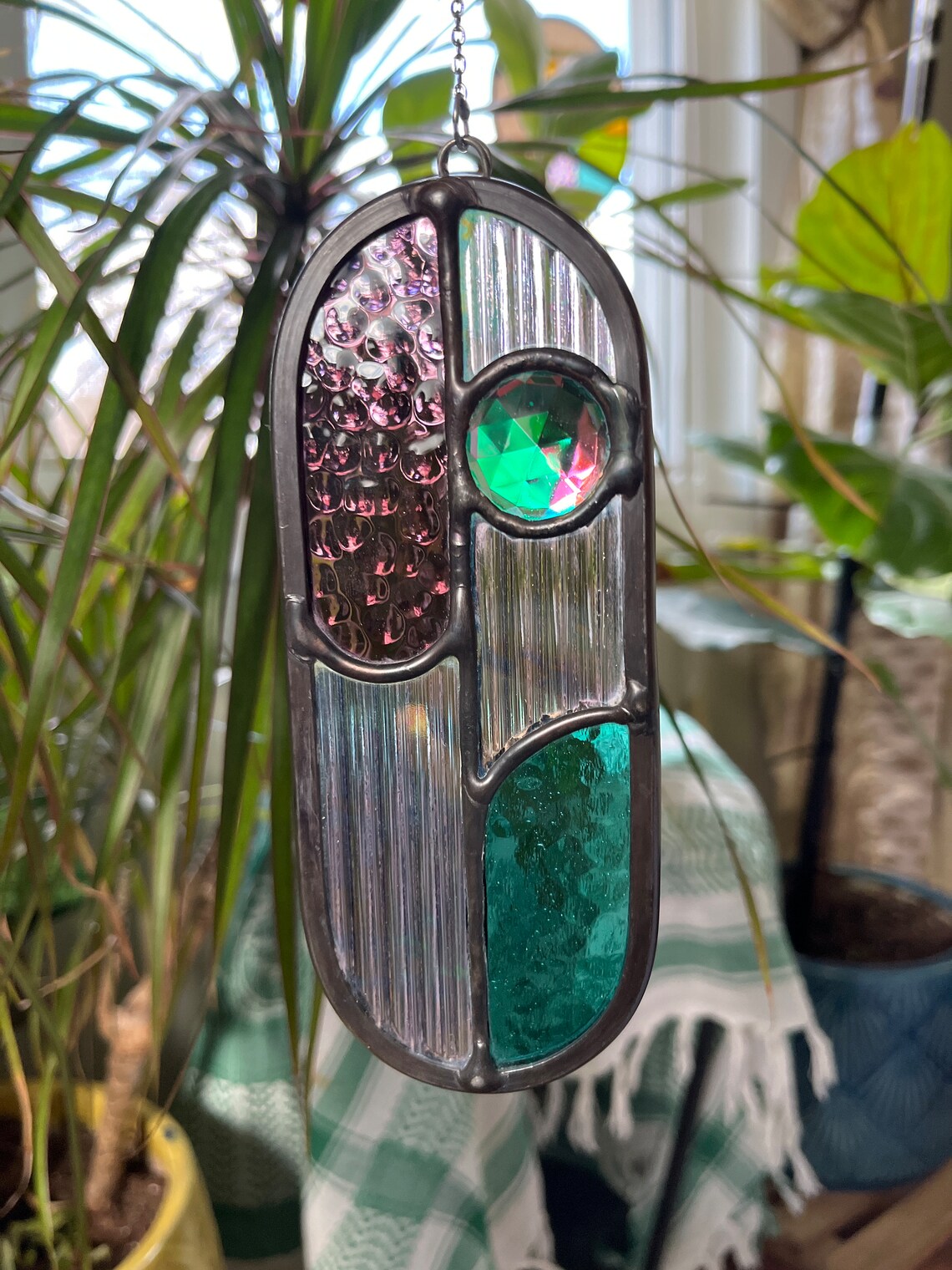 Art Deco Pill Shaped Stained Glass Suncatcher With Dichroic Gem, Purple ...