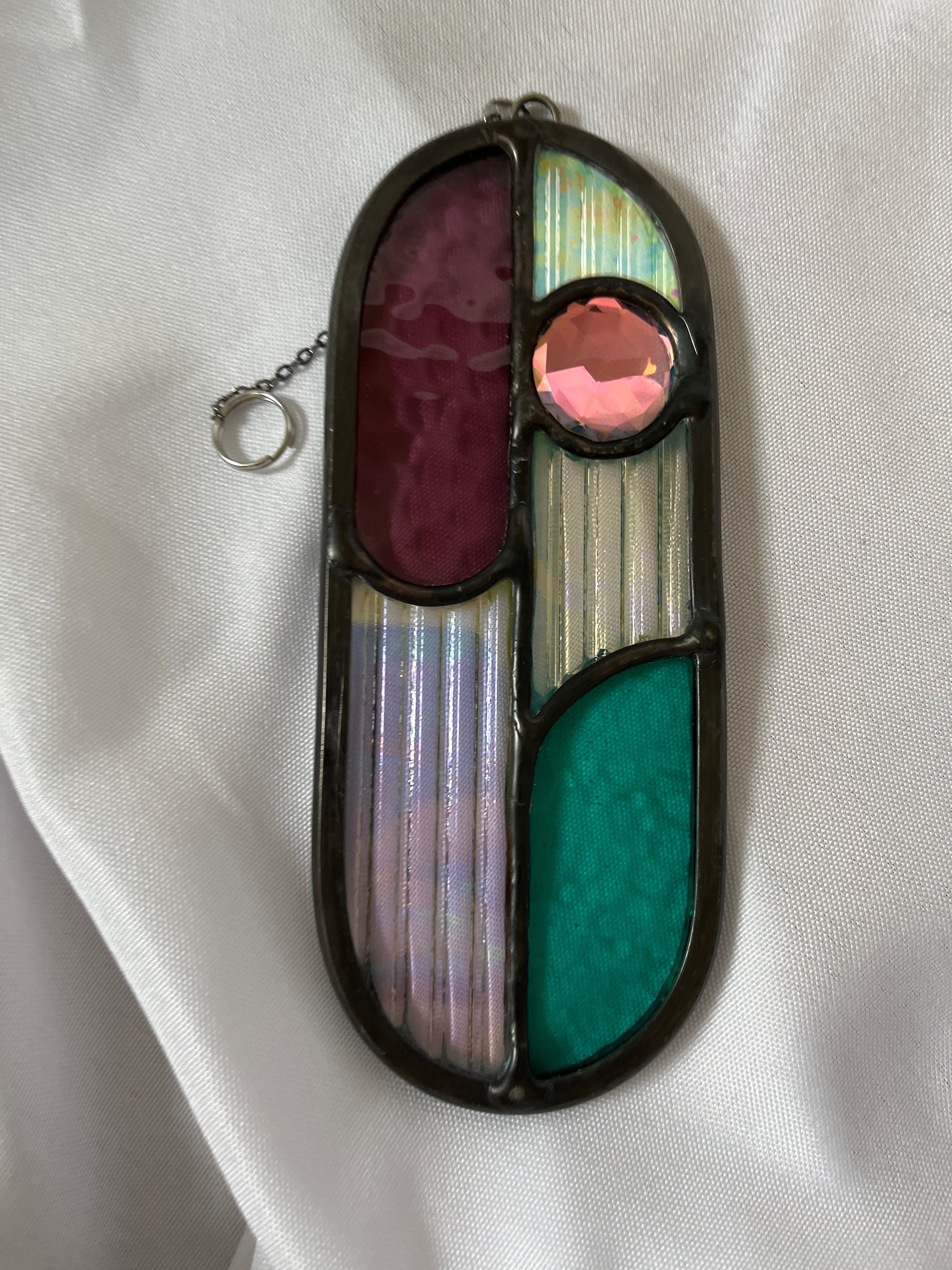 Art Deco Pill Shaped Stained Glass Suncatcher With Dichroic Gem, Purple ...