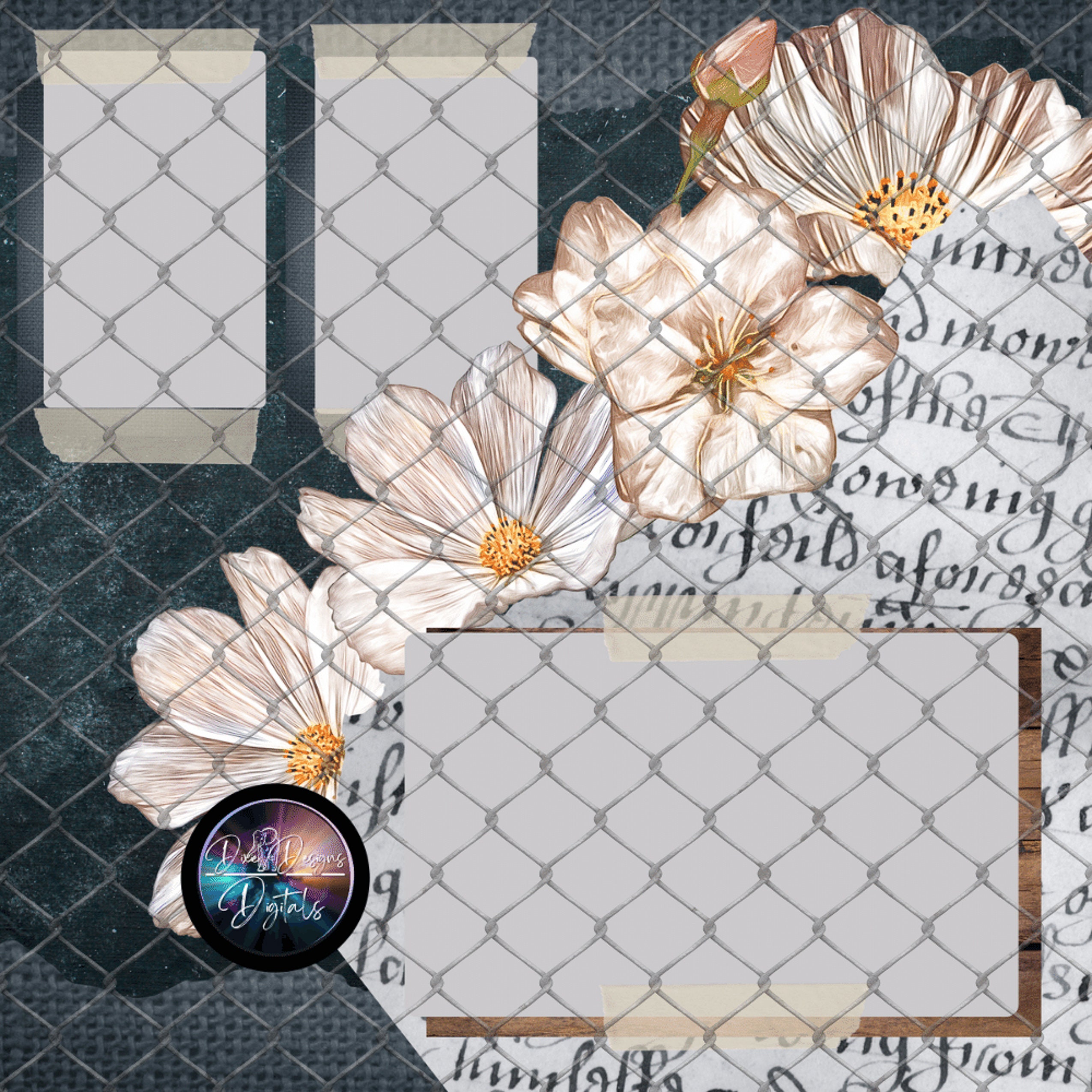 Papercraft Vintage Flowers Teal Beige Wood Digital Scrapbook Album Page ...