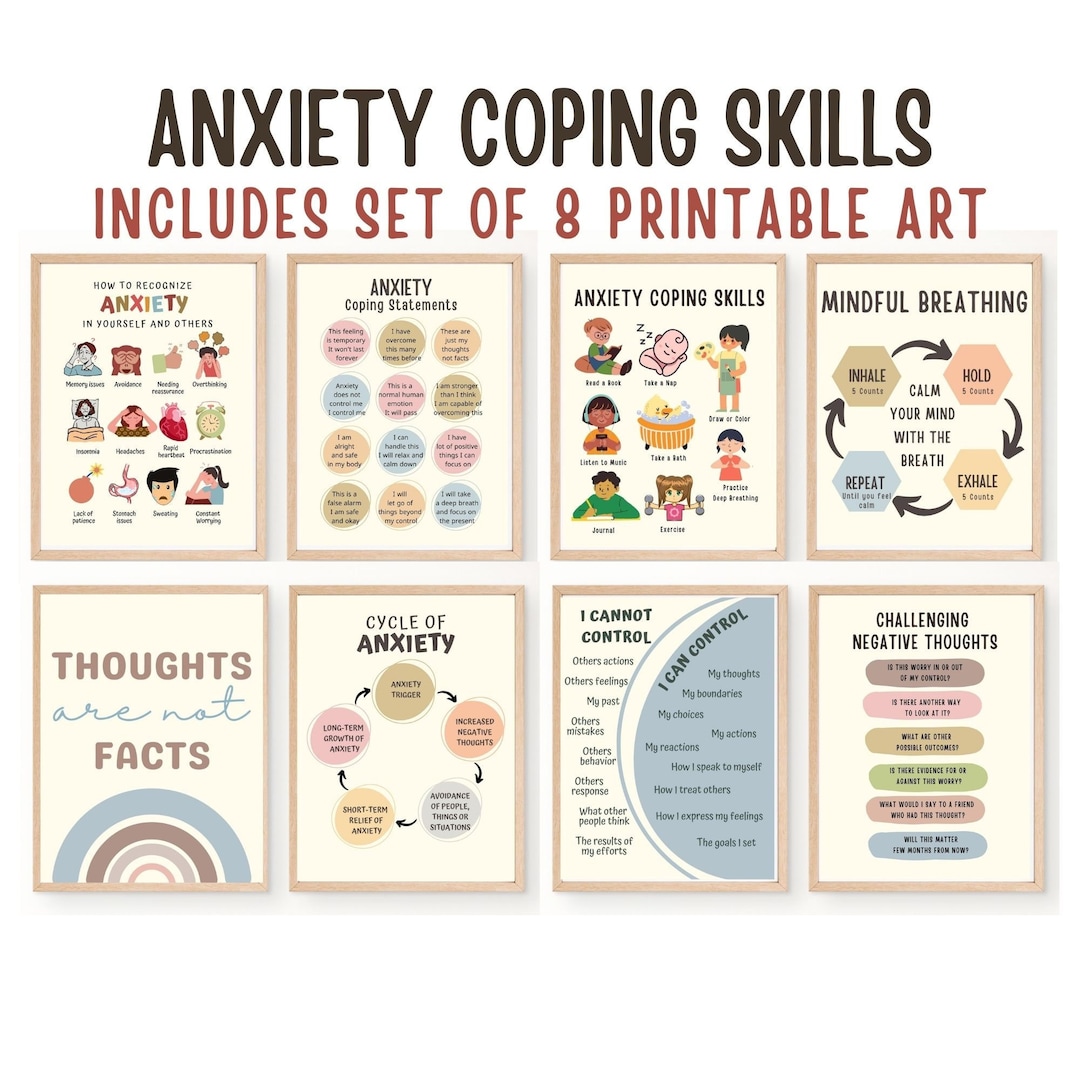 Anxiety Coping Skills, Therapy Office Decor, Set of 8 Counseling ...