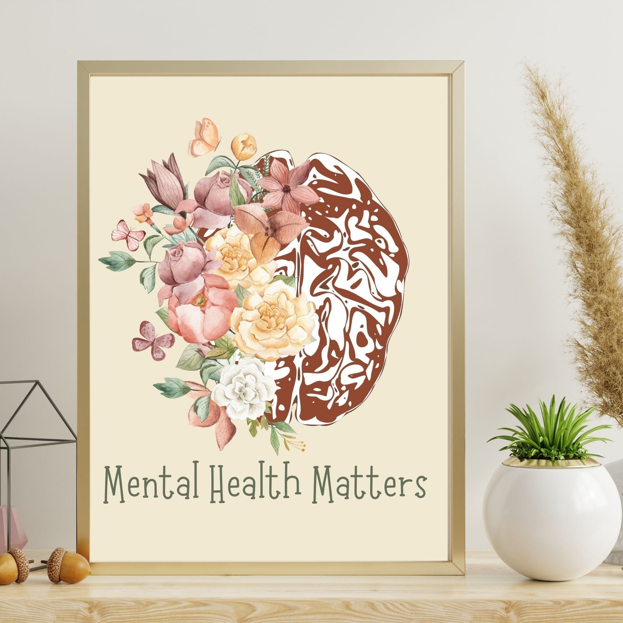 FLORAL Brain Art, Mental Health Matters School Counselor Office Decor ...