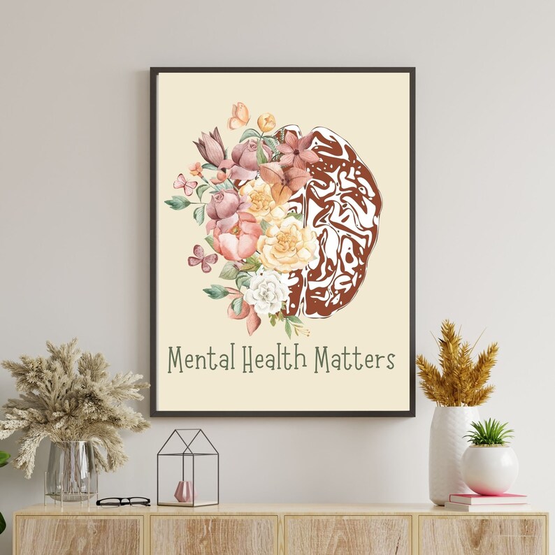 FLORAL Brain Art, Mental Health Matters School Counselor Office Decor ...