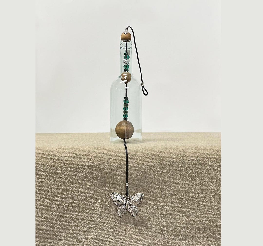 Glass Chimes, Wine Bottle Wind Chime, Light Blue Bottle With Butterfly ...