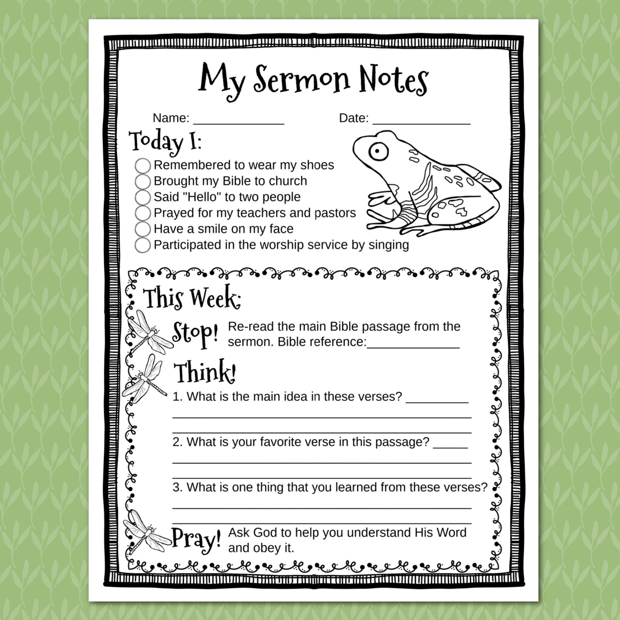 Bible Study Set for Kids, Preschooler Sermon Notes, Church Worship ...