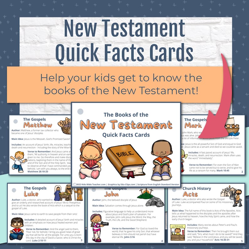 New Testament Books of the Bible Kids Fact Cards, Bible Verse Learning ...