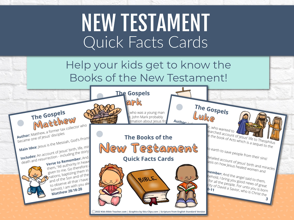 New Testament Books of the Bible Kids Fact Cards, Bible Verse Learning ...