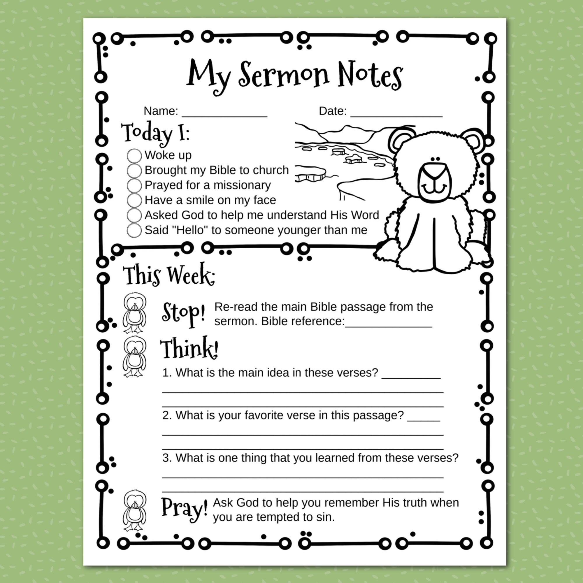 Bible Study Set for Kids, Preschooler Sermon Notes, Church Worship ...