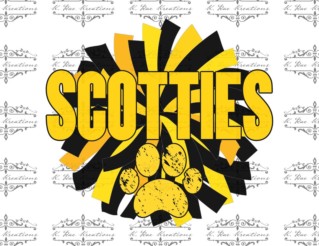 Scotties Black and Yellow Cheer Pom With Distressed Paw PNG for Sublimation, Scotties Digital ...