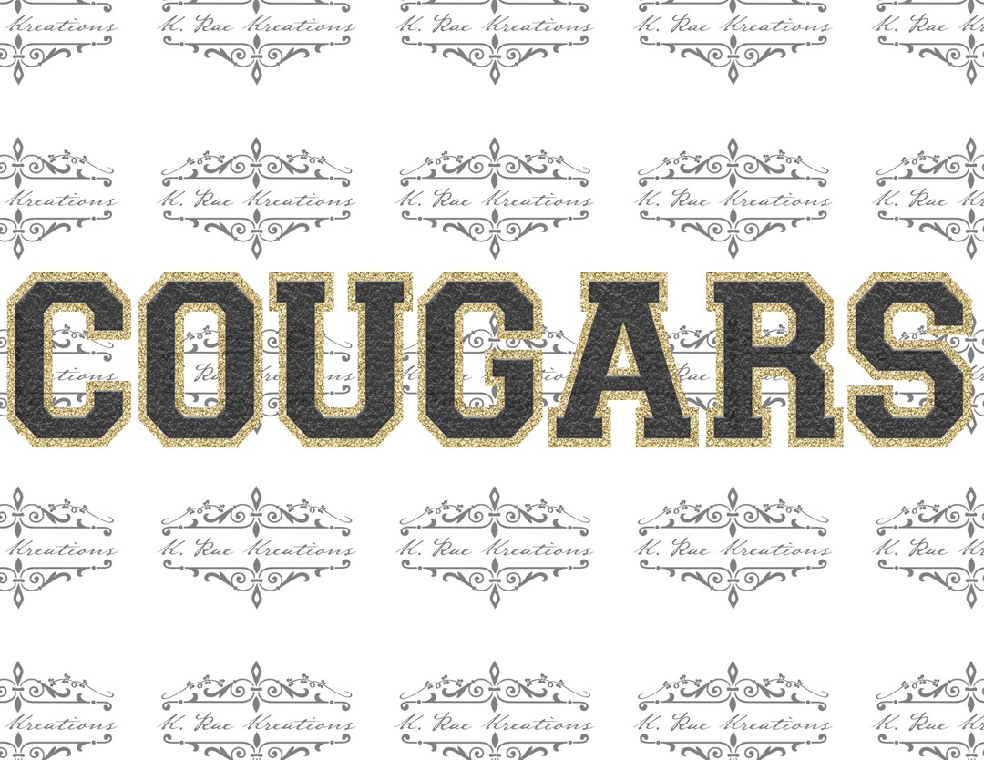 Cougars PNG for Sublimation, Black and Gold Chenille Letters PNG ...