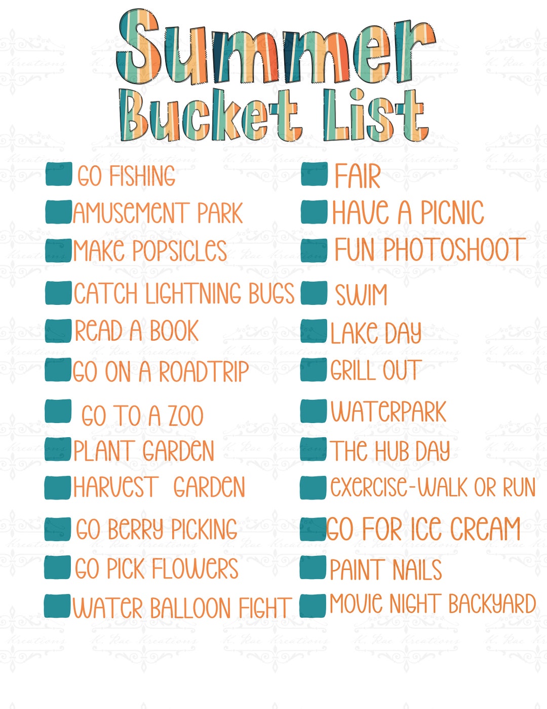 Summer Bucket List PDF and PNG, Summer Fun Digital Download, Summer ...