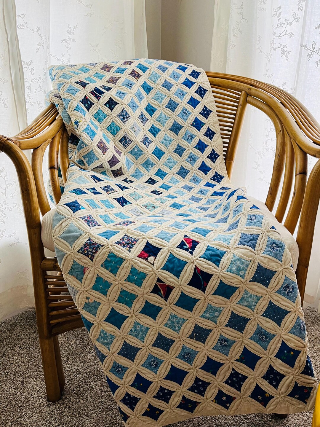 Vintage 1960s Cathedral Quilt Blue Squares Quilt - Etsy