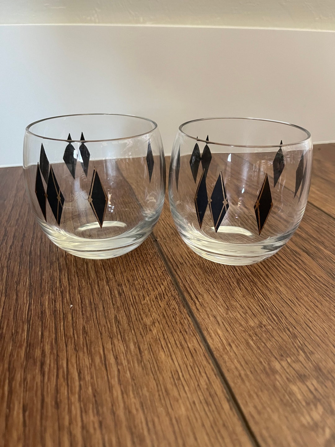 MCM Low-ball Glasses Set of 2 Black and Gold Diamond Pattern - Etsy