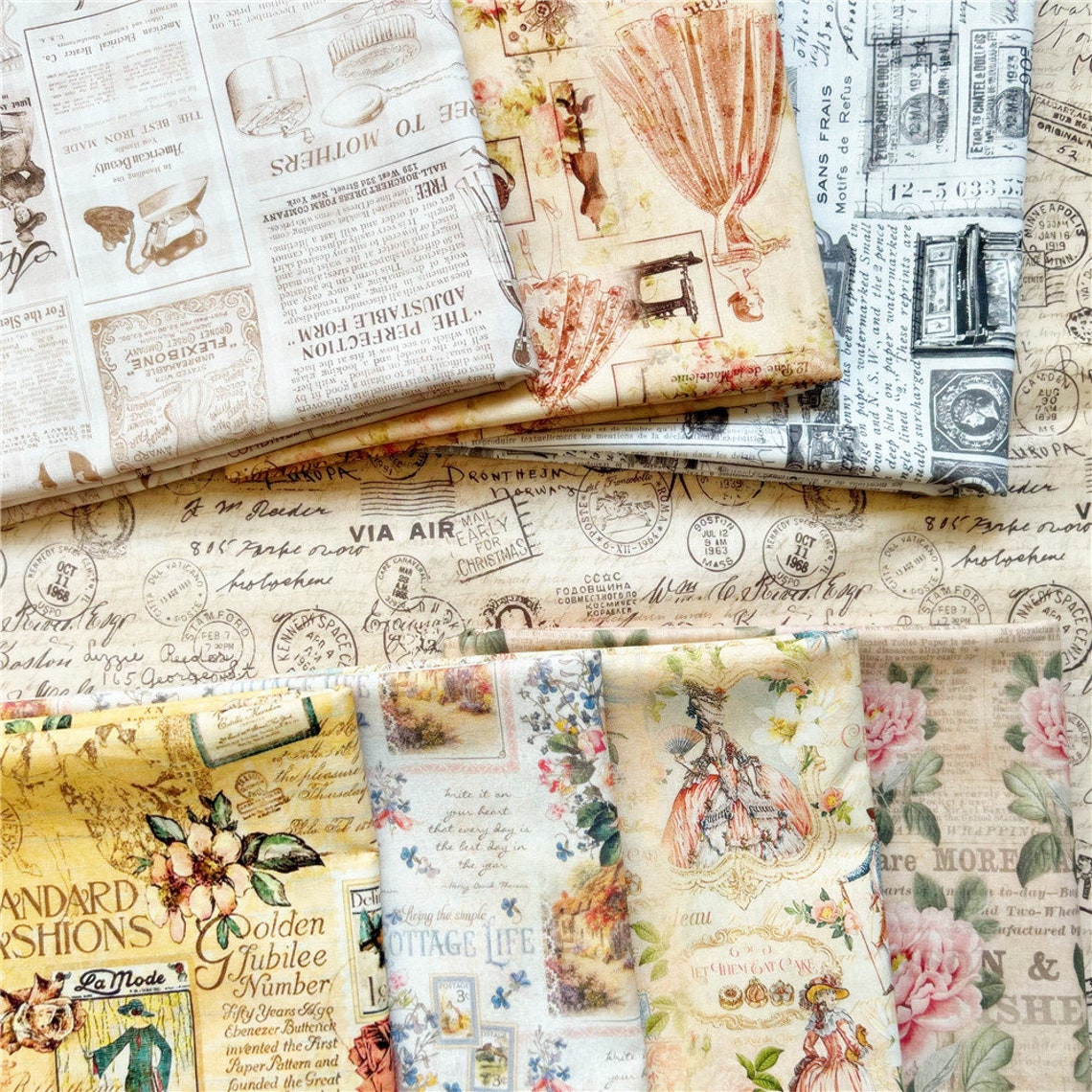 Vintage Junk Jounal Newspaper Woman Cotton Fabric by Half Yard Digital ...