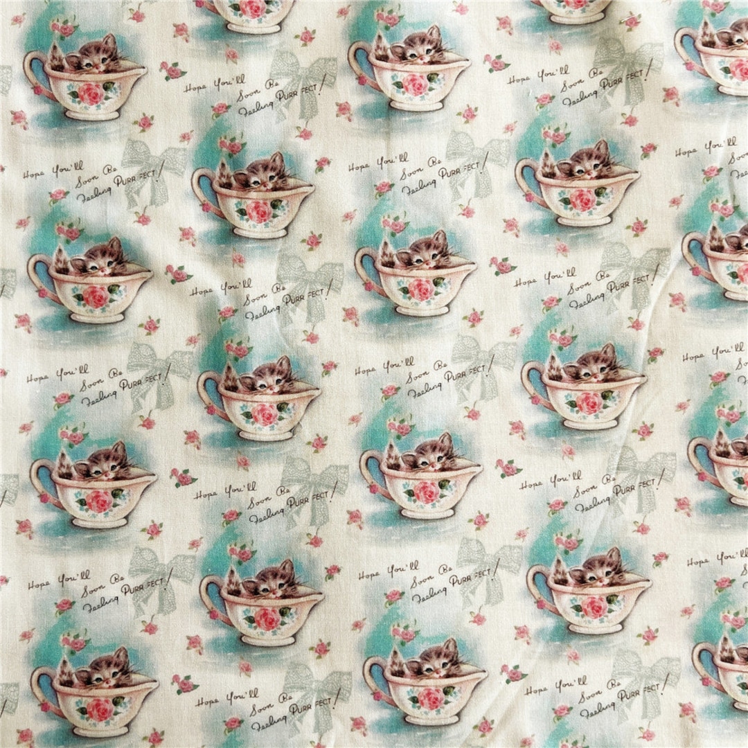 Tea Cup Cat Fabric,43inch X Half Yard - Etsy