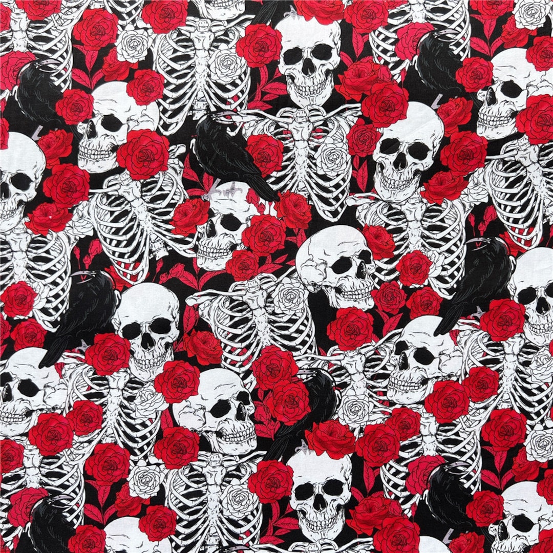 Floral Skull Fabric Gothic Skull Print Fabric 100% Cotton Fabric by ...