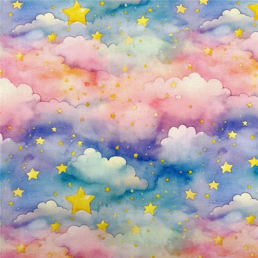 Nursery Cotton Fabric, Pastel Moon and Clouds, Stars on Pink Purple ...