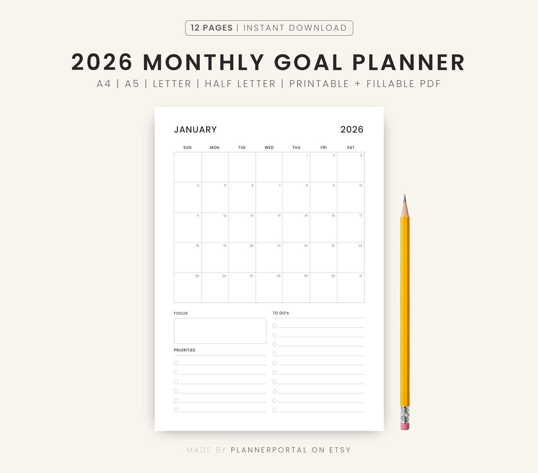 2026 Monthly Goal Planner Printable, Fillable Calendar With Focus ...