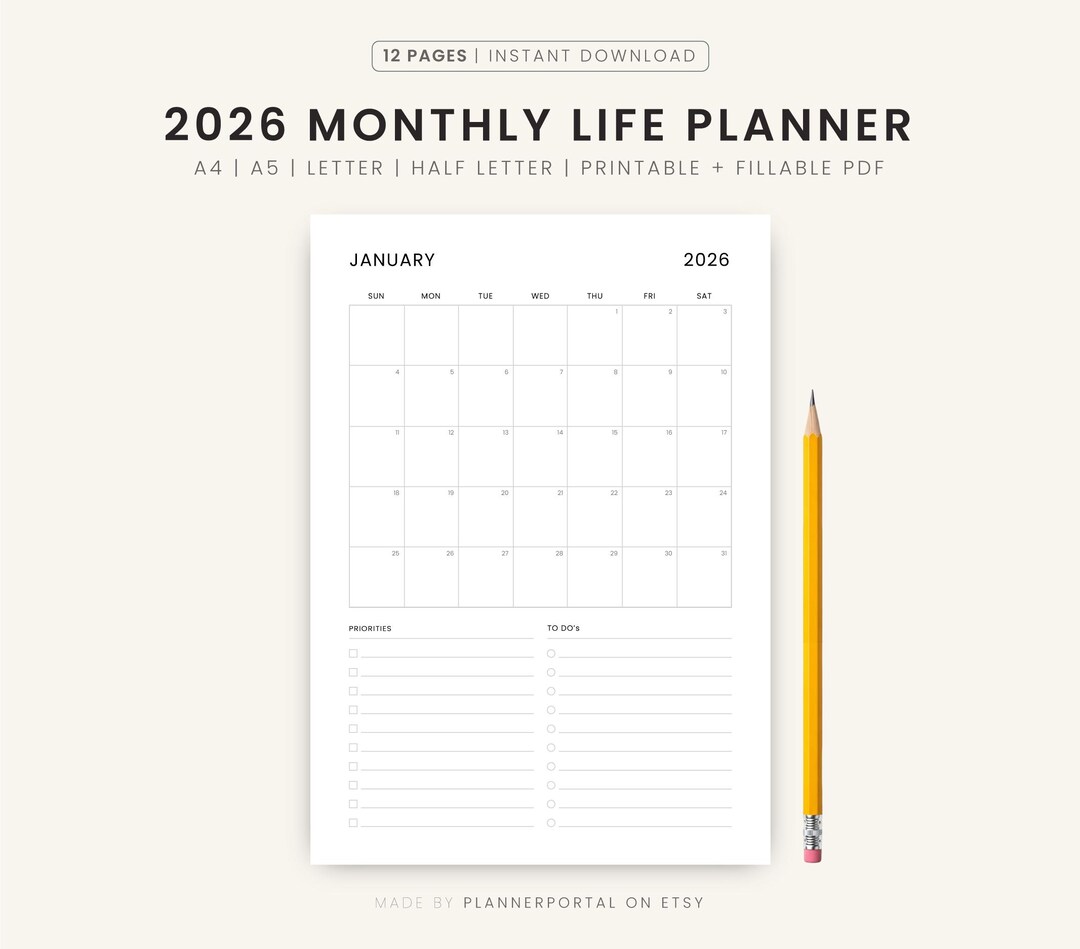 2026 Monthly Life Planner, Fillable Calendar, Priorities & To-do List ...