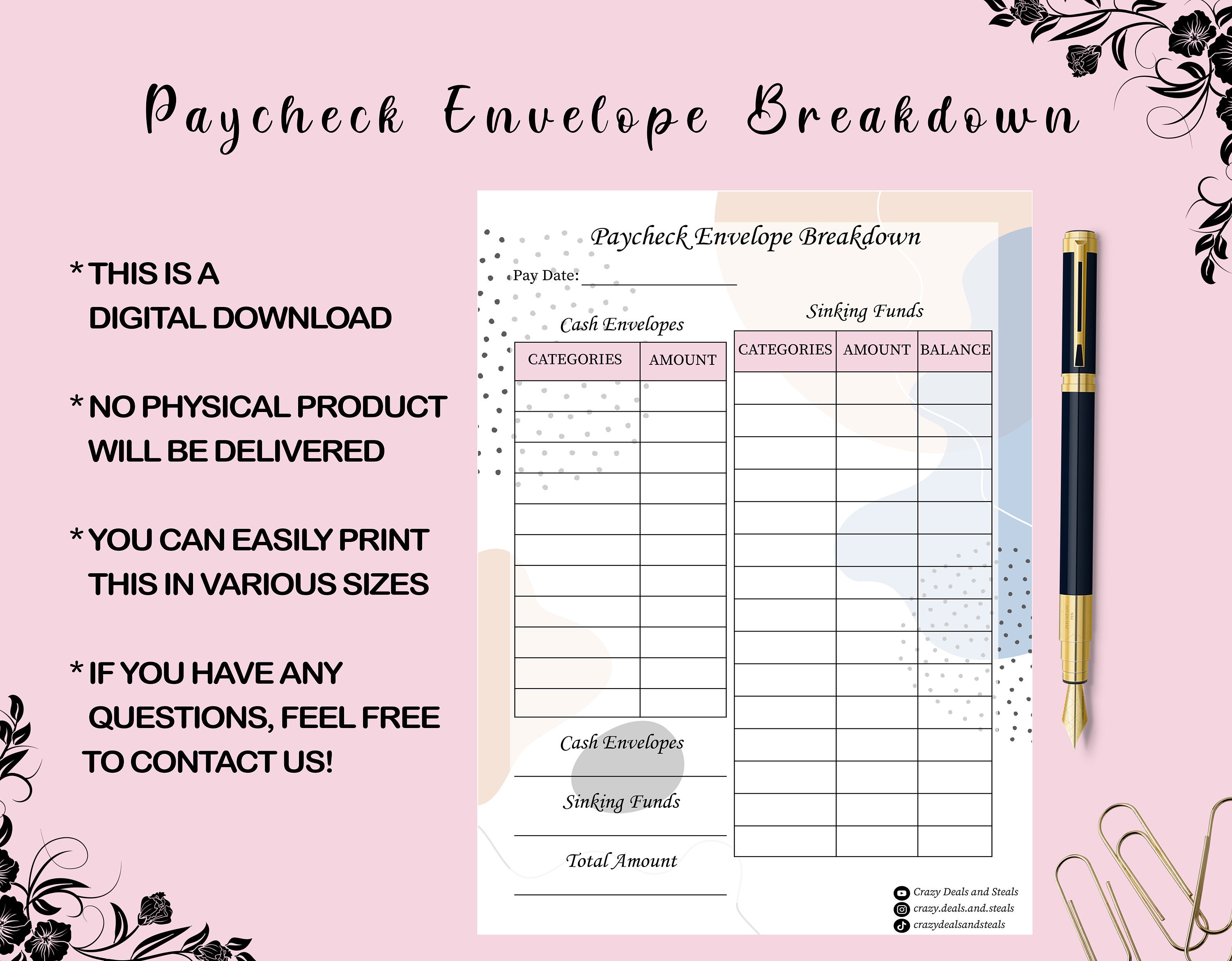 Paycheck Envelope Breakdown Printable Template Digital Download PDF ...