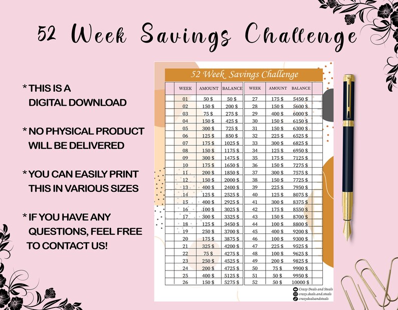 10k 52 Week Savings Challenge, Printable/fillable Digital PDF Download ...