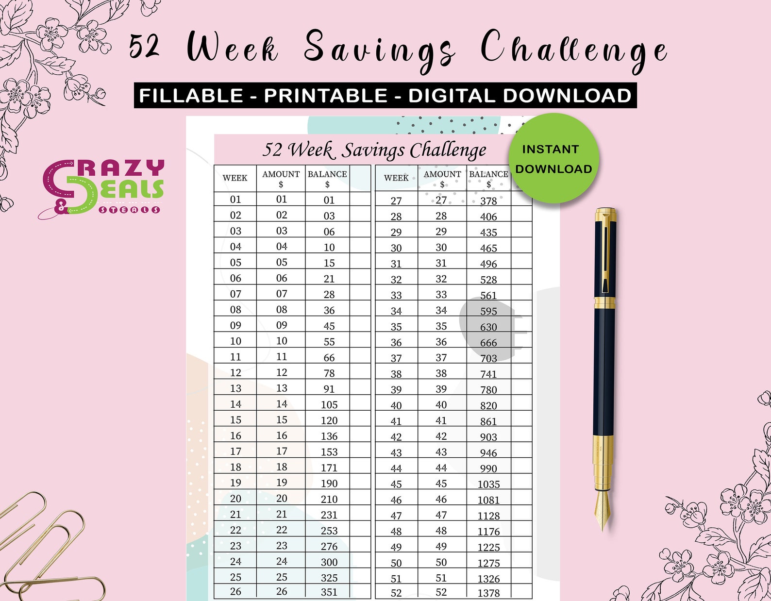 52 Week Savings Challenge, Printable/fillable Digital PDF Download ...