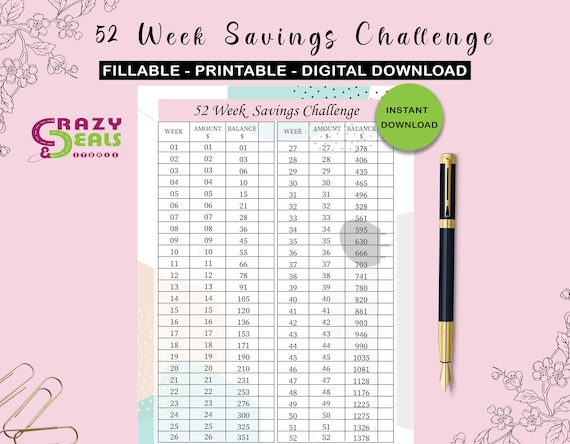 52 Week Savings Challenge Printable/fillable Digital PDF - Etsy