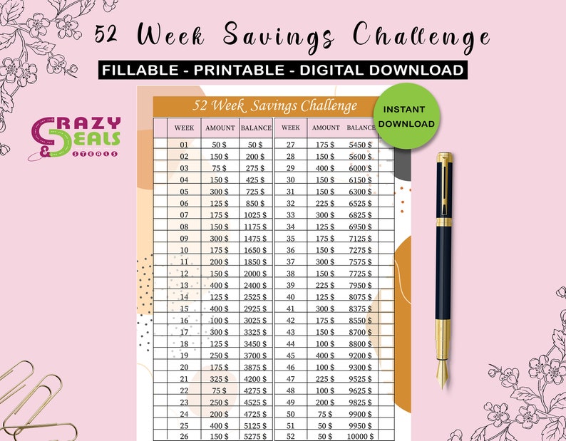 10k 52 Week Savings Challenge, Printable/fillable Digital PDF Download ...