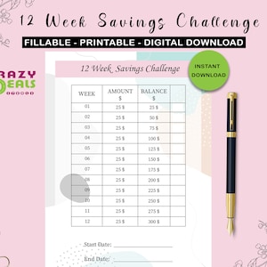 12 Week Savings Challenge- Printable/fillable Template Digital PDF ...