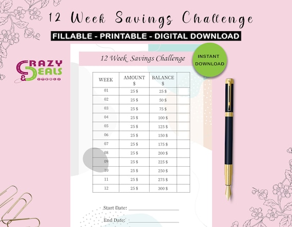 12 Week Savings Challenge Printable/fillable Template Digital - Etsy