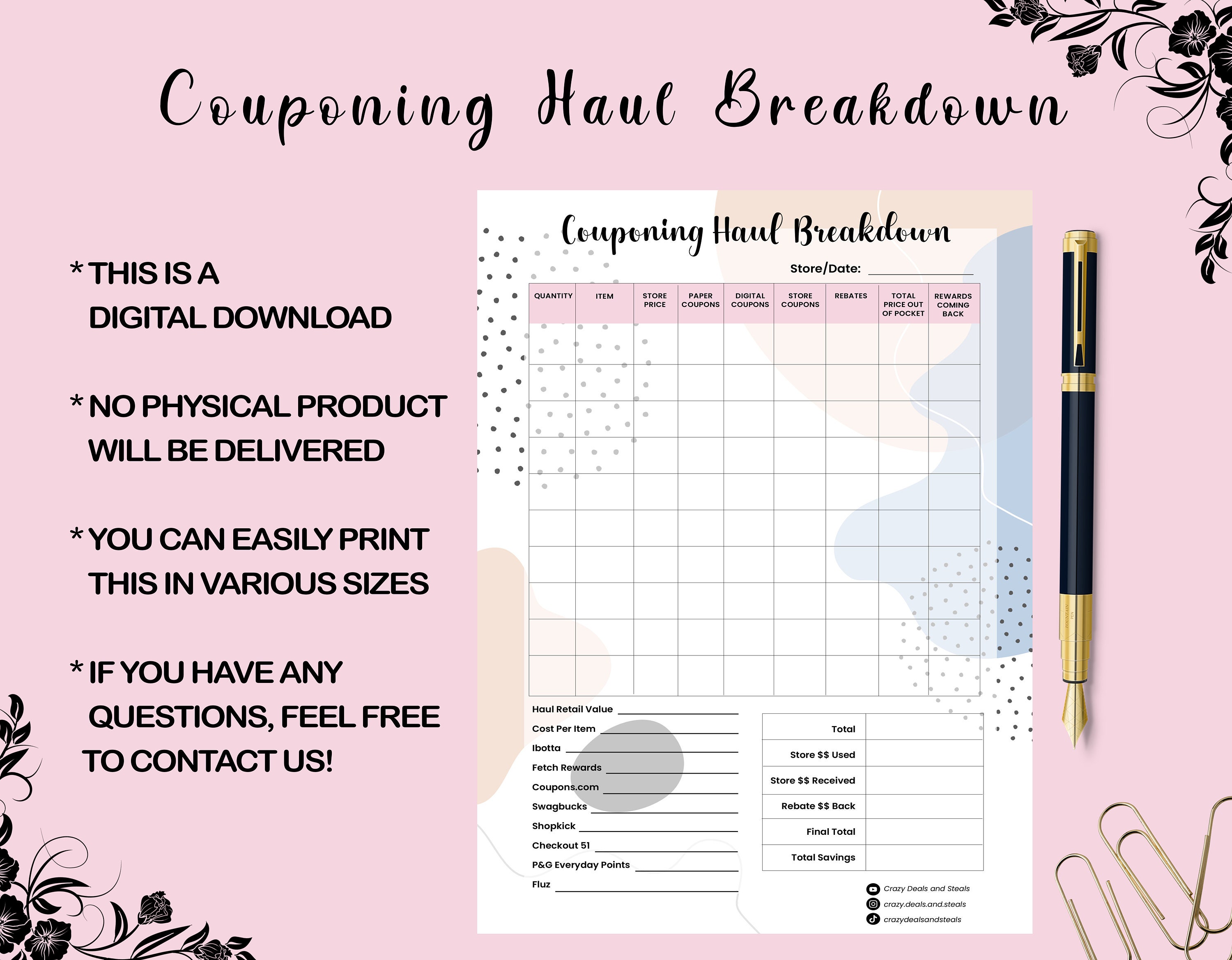 Couponing Haul Breakdown, Printable Template, Digital Download, PDF ...