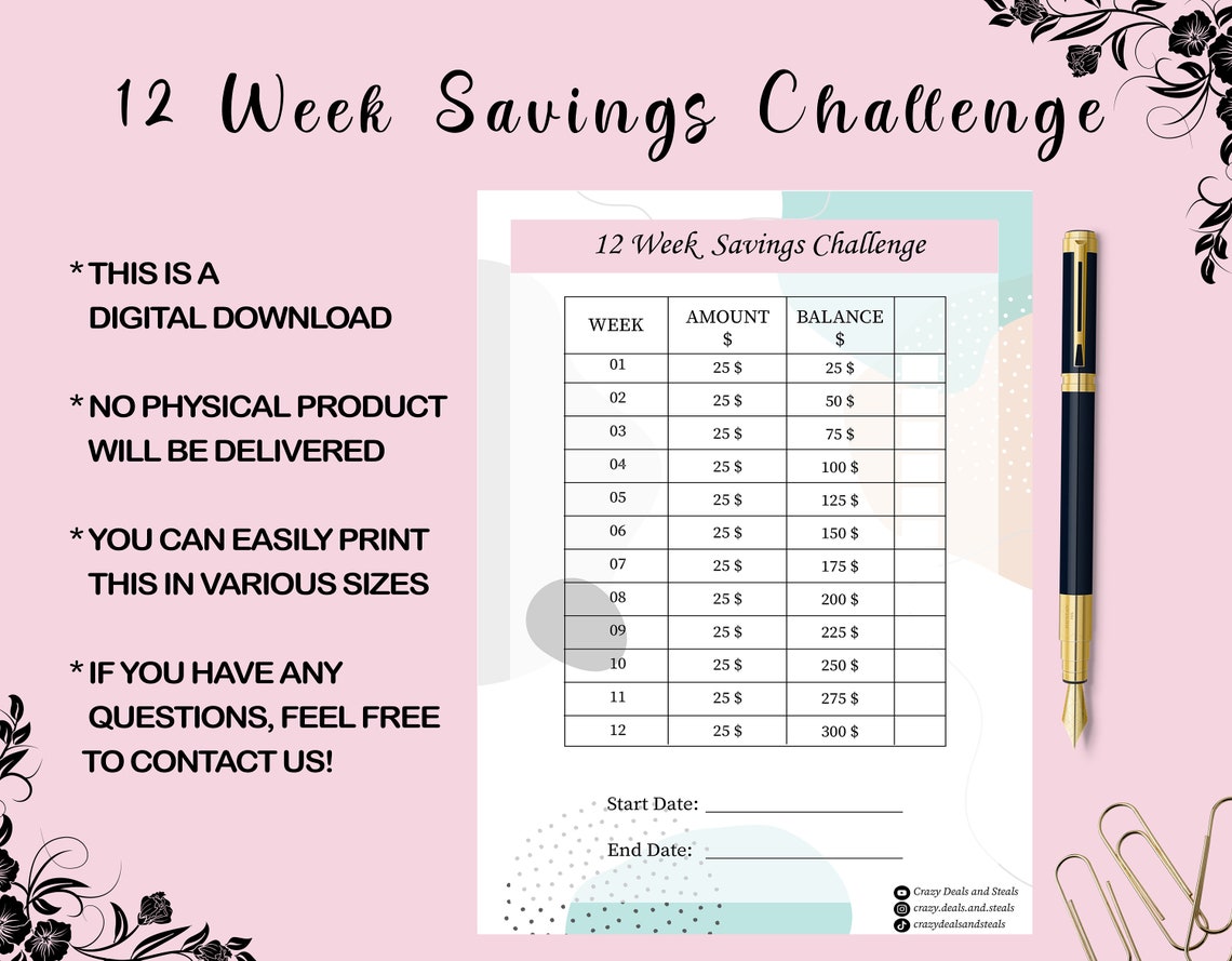 12 Week Savings Challenge- Printable/fillable Template Digital PDF ...