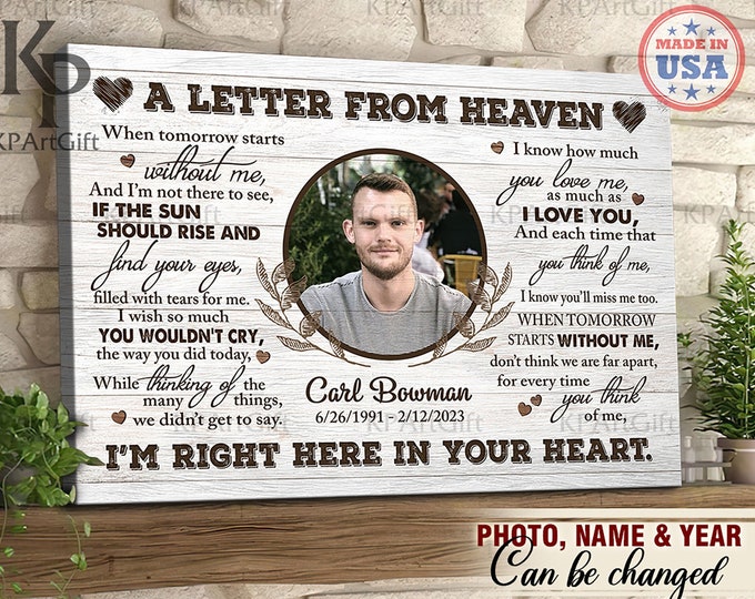 Loss of Son Memorial Gift, Letter From Heaven Canvas Remembrance Poem ...