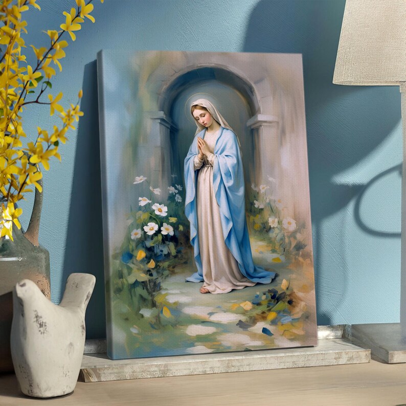 Virgin Mary Praying Spiritual Catholic Canvas, Mother Mary Blue Robe ...