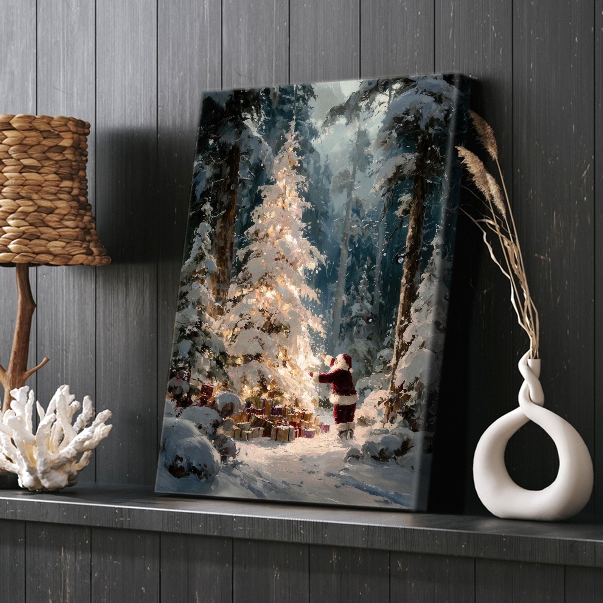 Christmas Santa Decorating Tree in Snowy Forest Canvas, Vintage ...