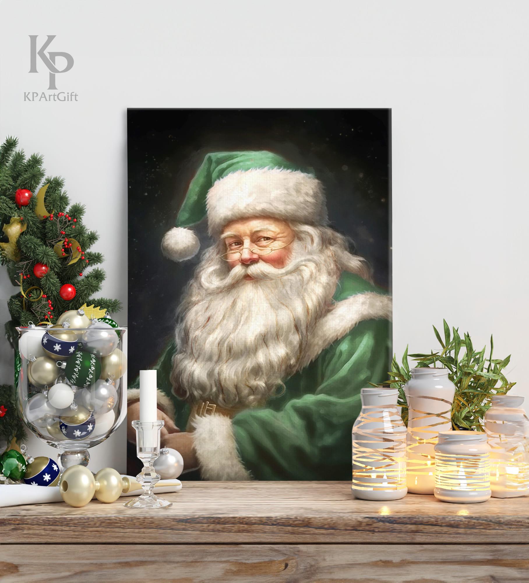 Green Santa Claus Vintage Oil Painting Canvas, Classic Christmas Art ...